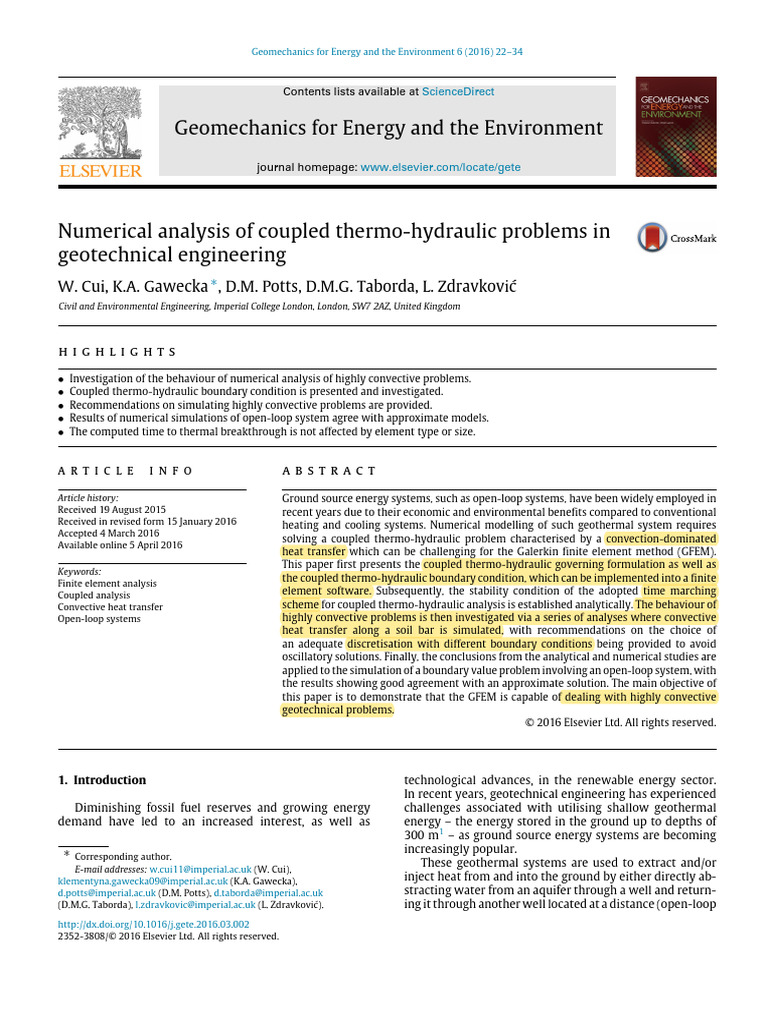 1 - 2016 Numerical Analysis of Coupled Thermo-Hydraulic Problems in Geotechnical Engineering | PDF