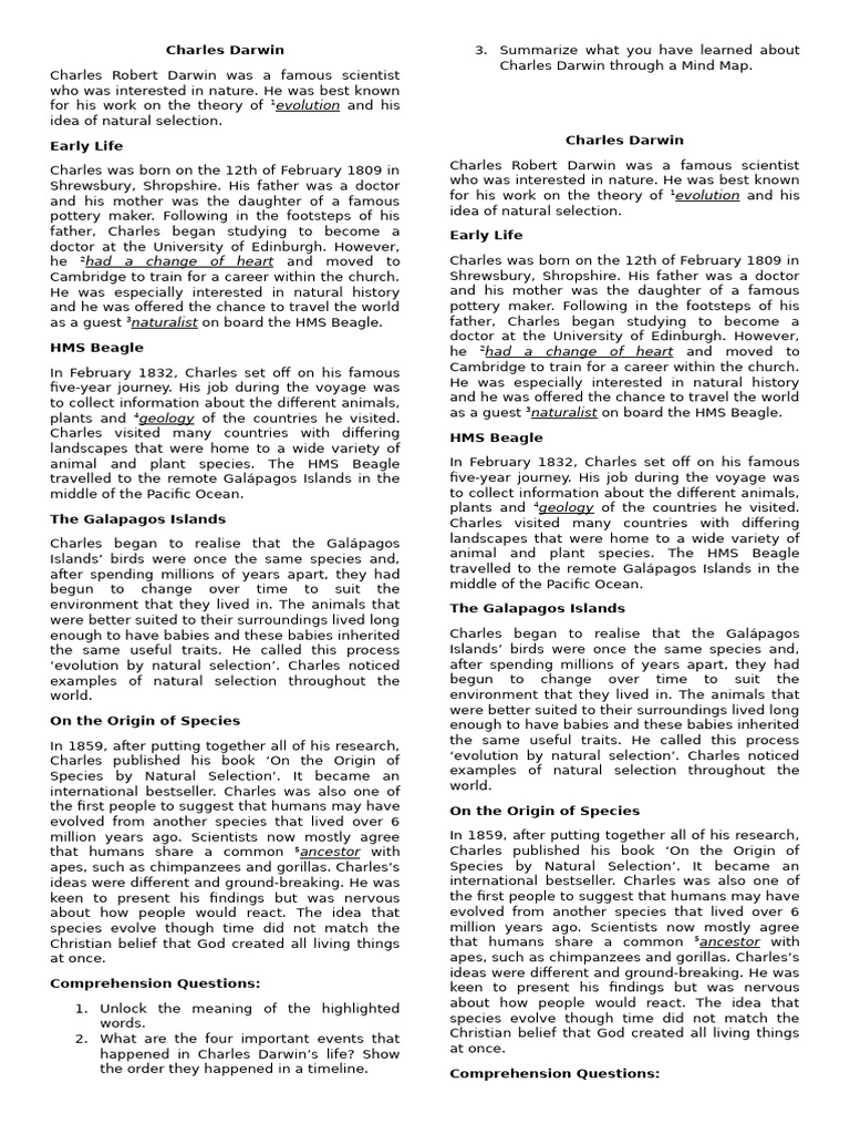 Charles Darwin Reading Comprehension | PDF