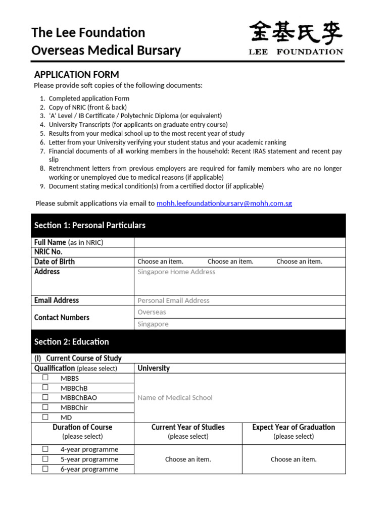 LF Bursary Application Form - TEMPLATE | PDF