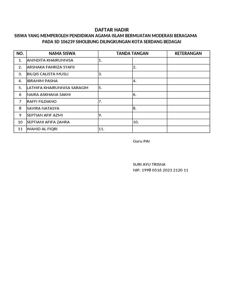 Format Absen Siswa SD Siholbung | PDF