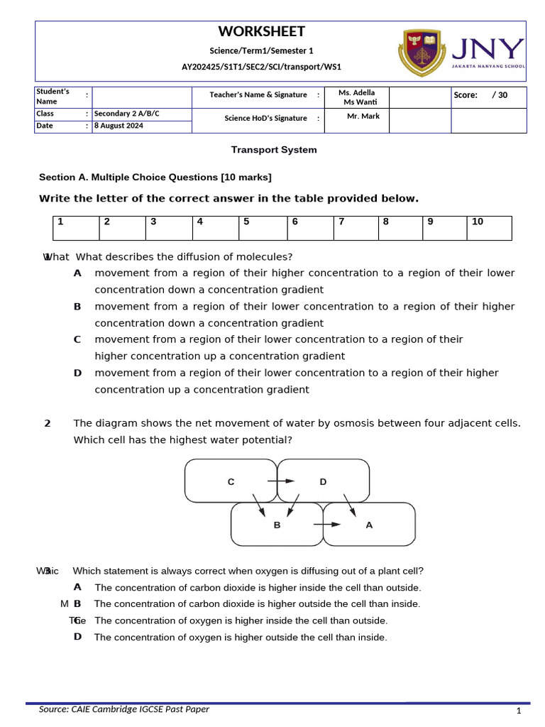 WS1 - Sec 2 - Transport System | PDF
