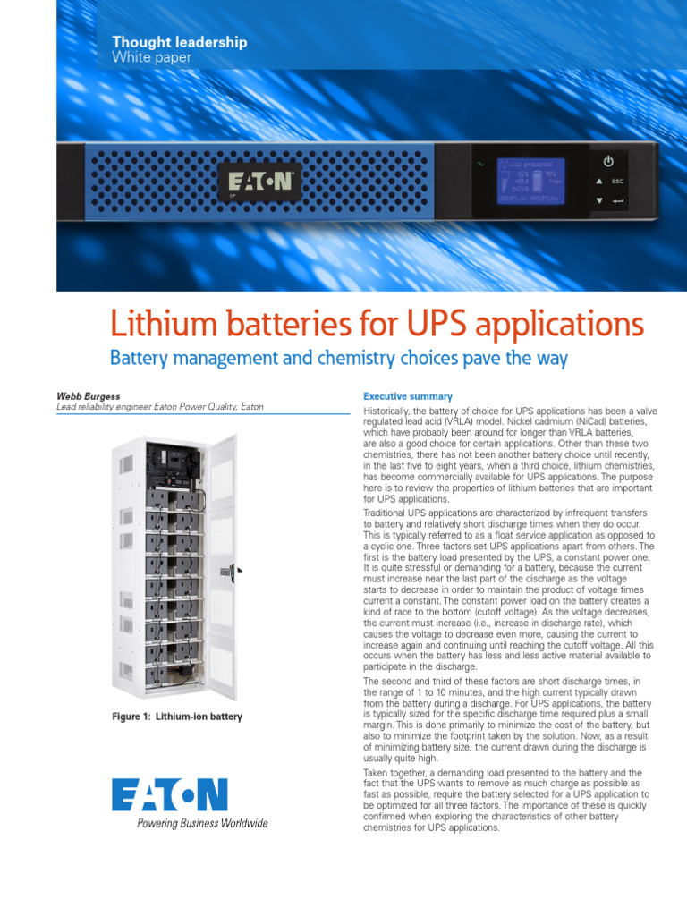Eaton Lithium Battery White Paper WP162003EN | PDF | Lithium Ion Battery | Electrical Engineering