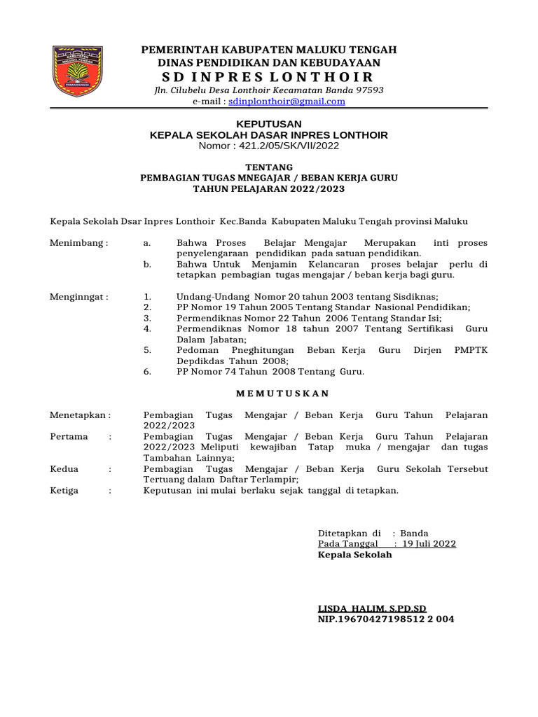 SK Pembagian Tugas 2021-2022 | PDF