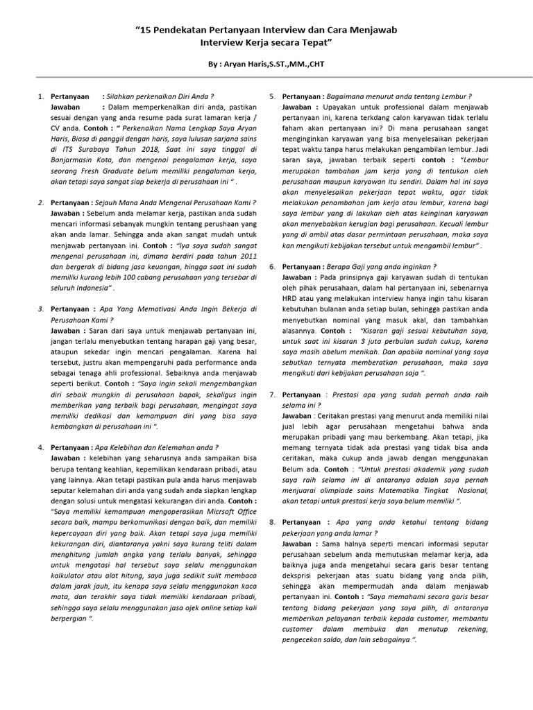 Contoh Daftar Pertanyaan Interview | PDF | Bisnis