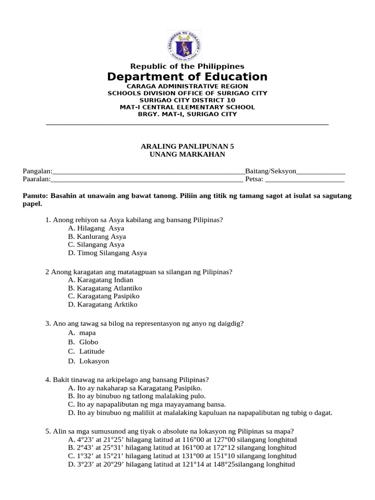 ARAL-PAN GRADE 5 1ST Q 2022-2023 | PDF