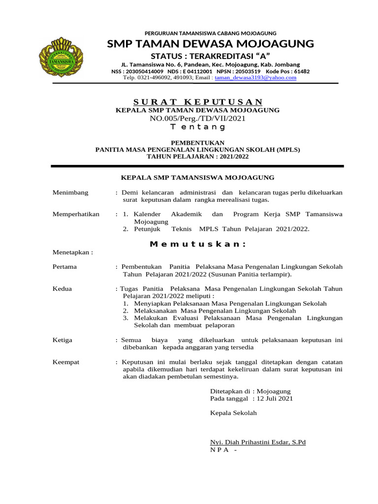 005-SK Panitia MPLS | PDF