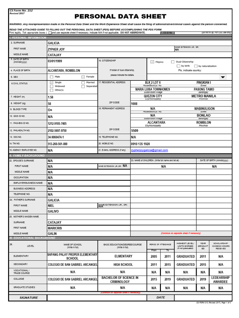 Personal Data Sheet | PDF