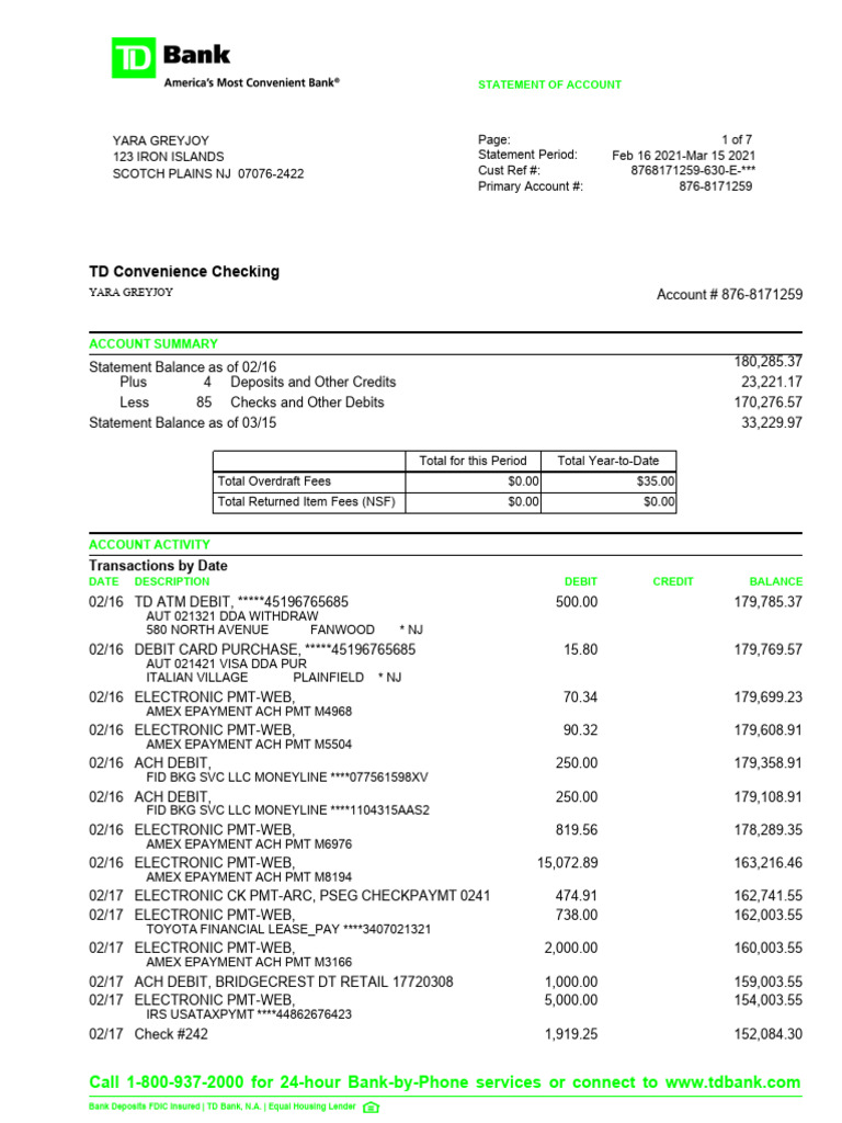 Sample - TD Bank Sole Owner Single Account - Feb-Mar 2021 | PDF