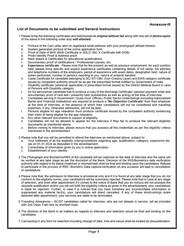 Annexure III List of Documents To Be Submitted and General Instructions ...