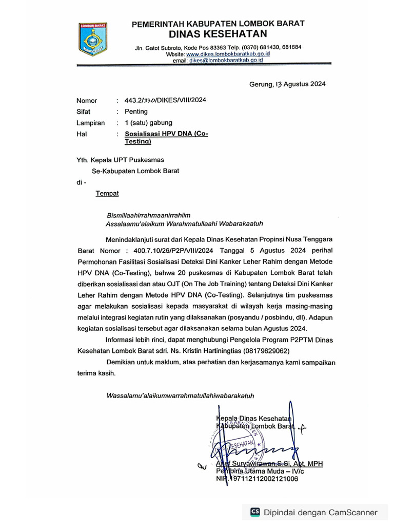 Surat Sosialisasi HPV DNA 20 PKM | PDF