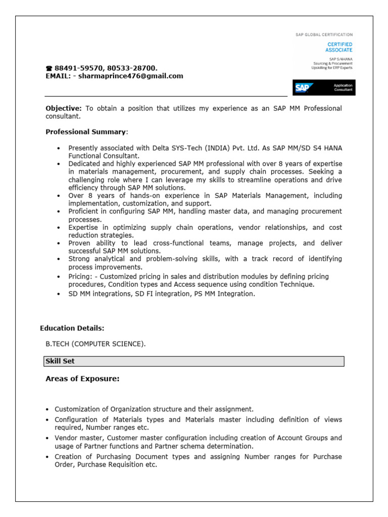 Prince Sharma-SAP-MM S4 HANA Resume | PDF