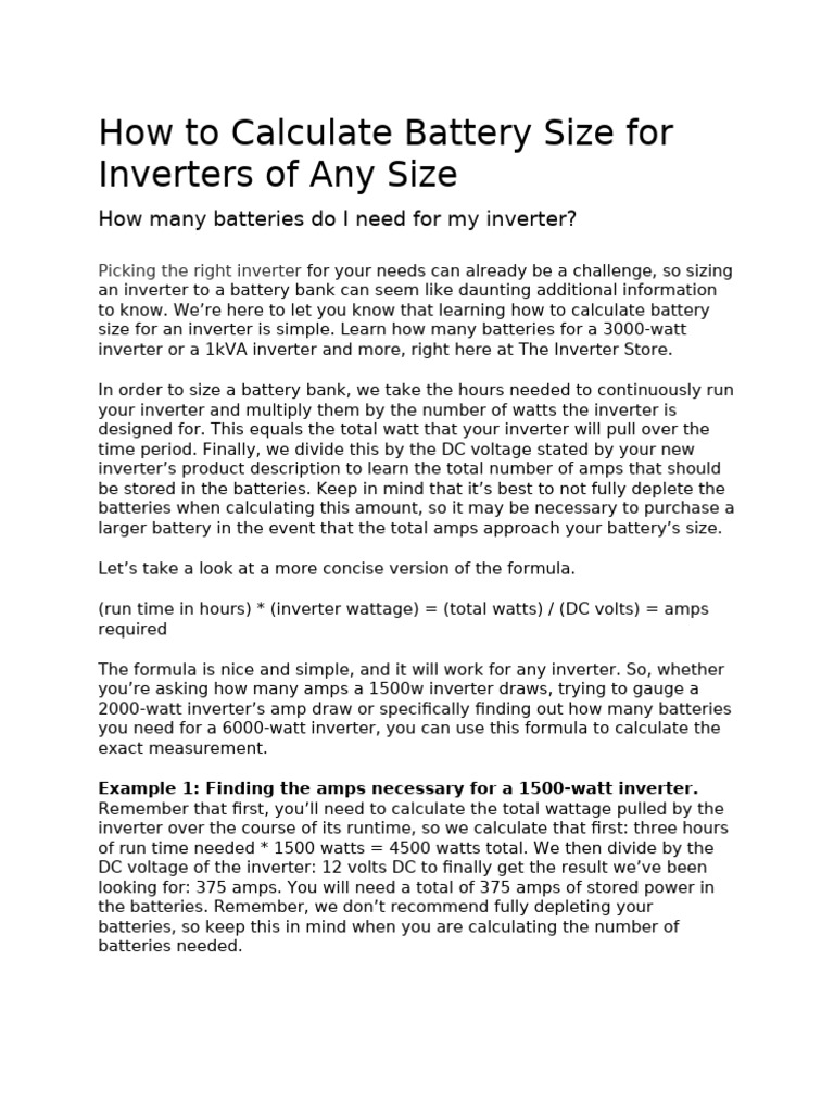 How To Calculate Battery Size For Inverters of Any Size | PDF | Power ...