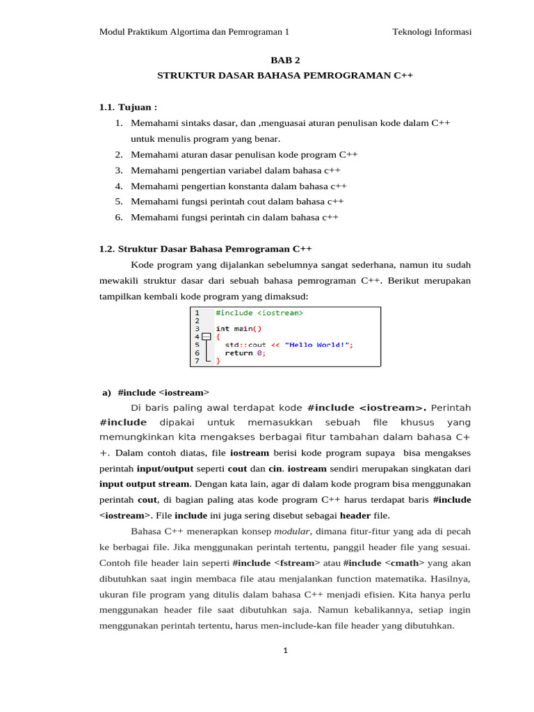 Modul 2 Struktur Dasar Bahasa Pemrograman C++ | PDF