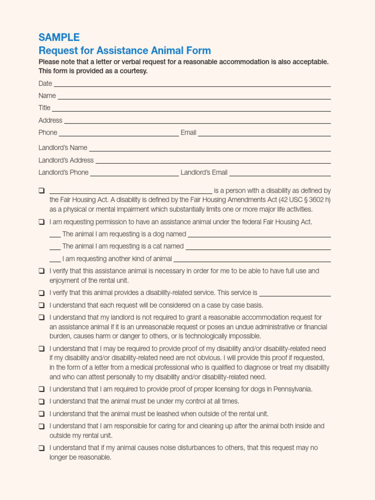 Sample Form Request For Assistance Animal | PDF