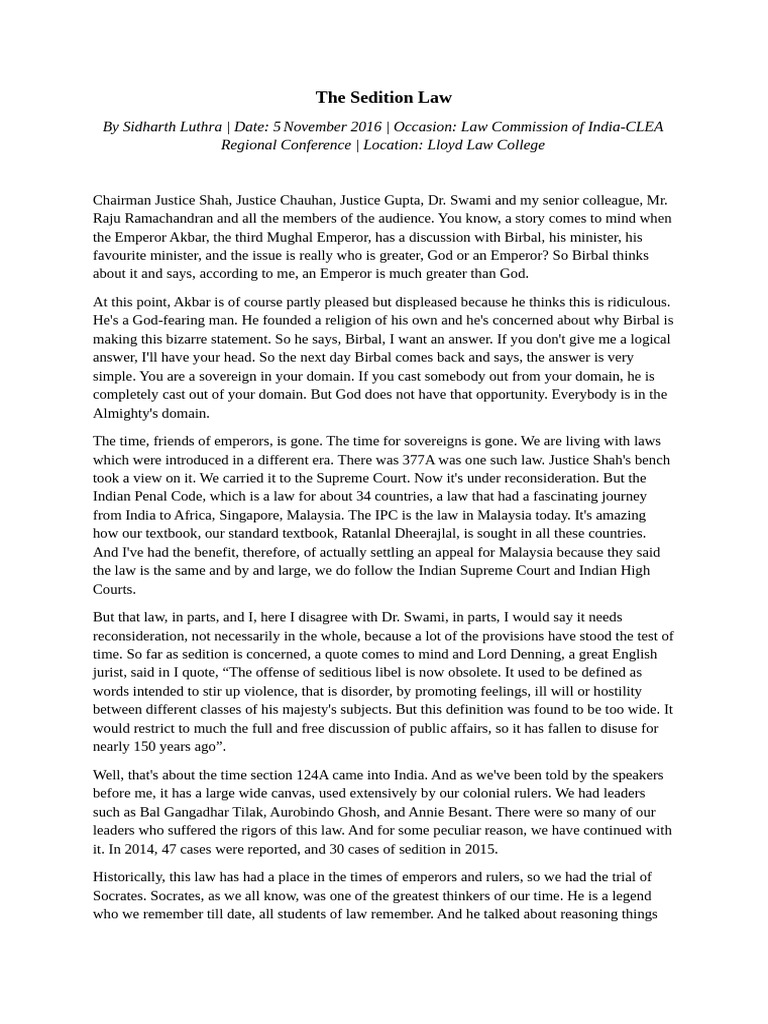 The Sedition Law (Sidharth Luthra) | PDF