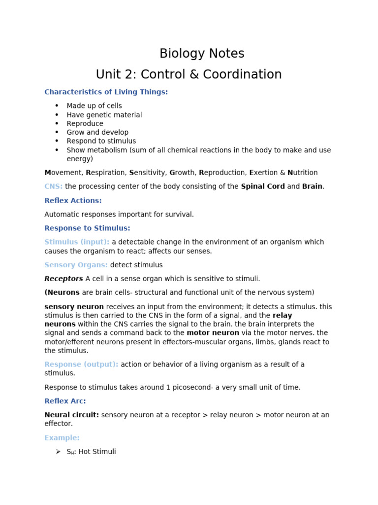 Biology Notes Unit 2: Control & Coordination: Characteristics of Living ...