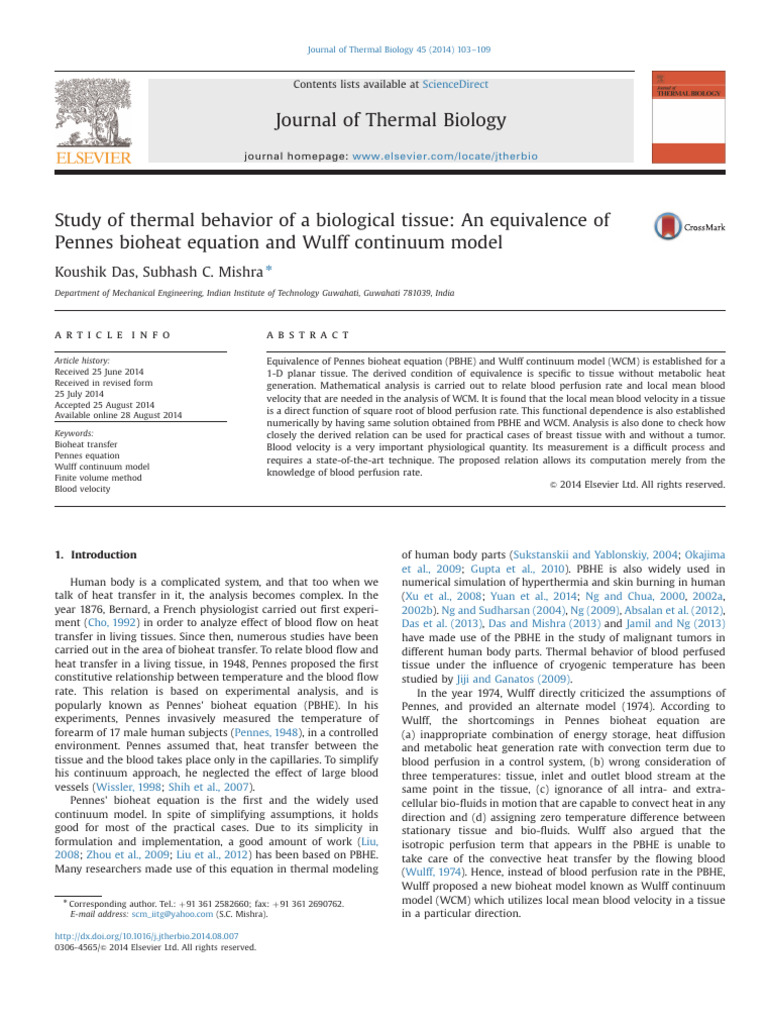 Study of Thermal Behavior of A Biological Tissue - An Equivalence of ...