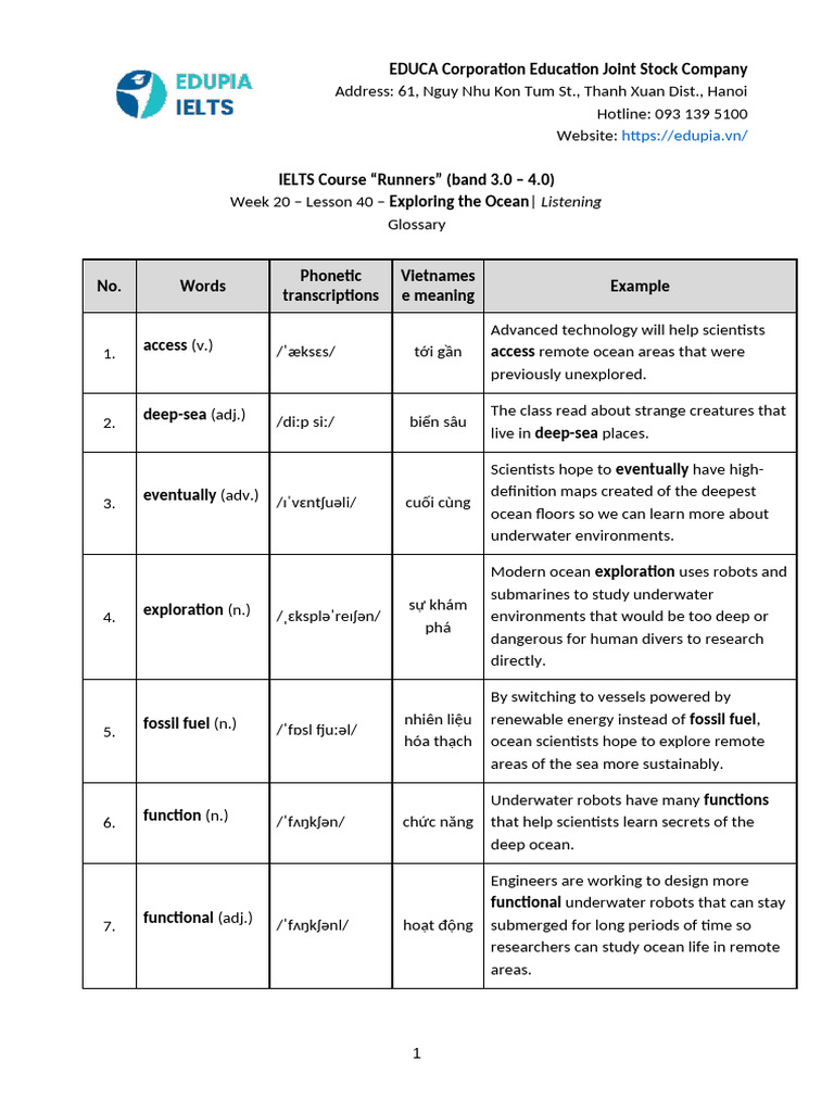 (Glossary) E2 - L40 - Exploring The Ocean (Listening) | PDF