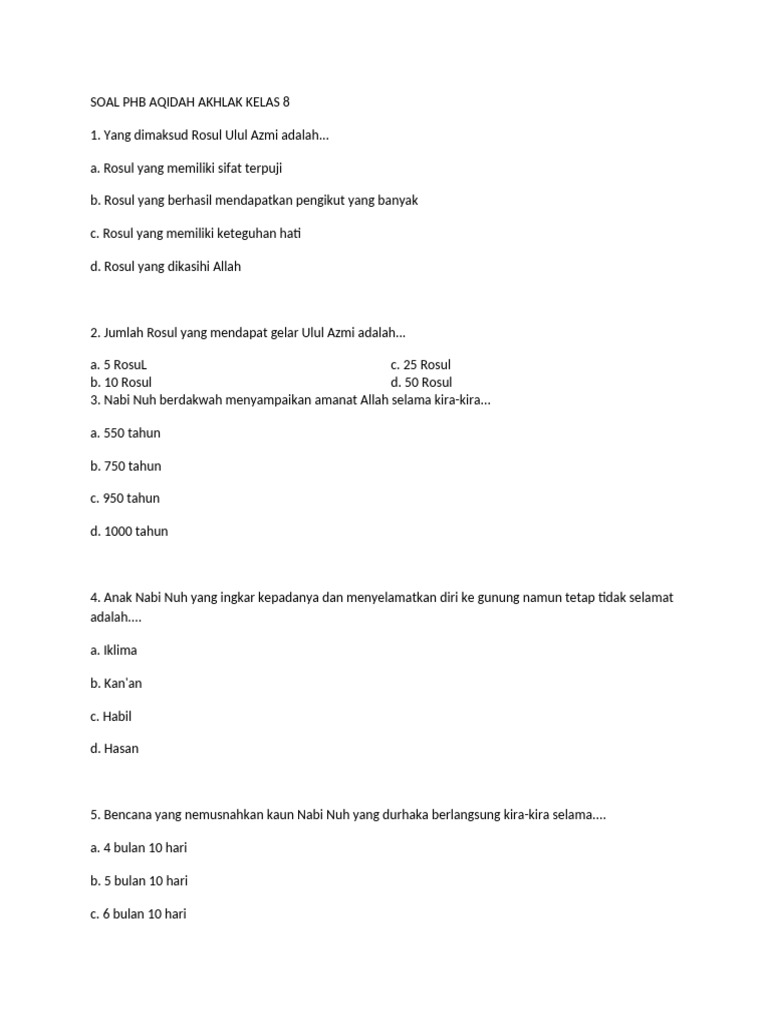 Soal PHB Aqidah Akhlak Kelas 8 | PDF