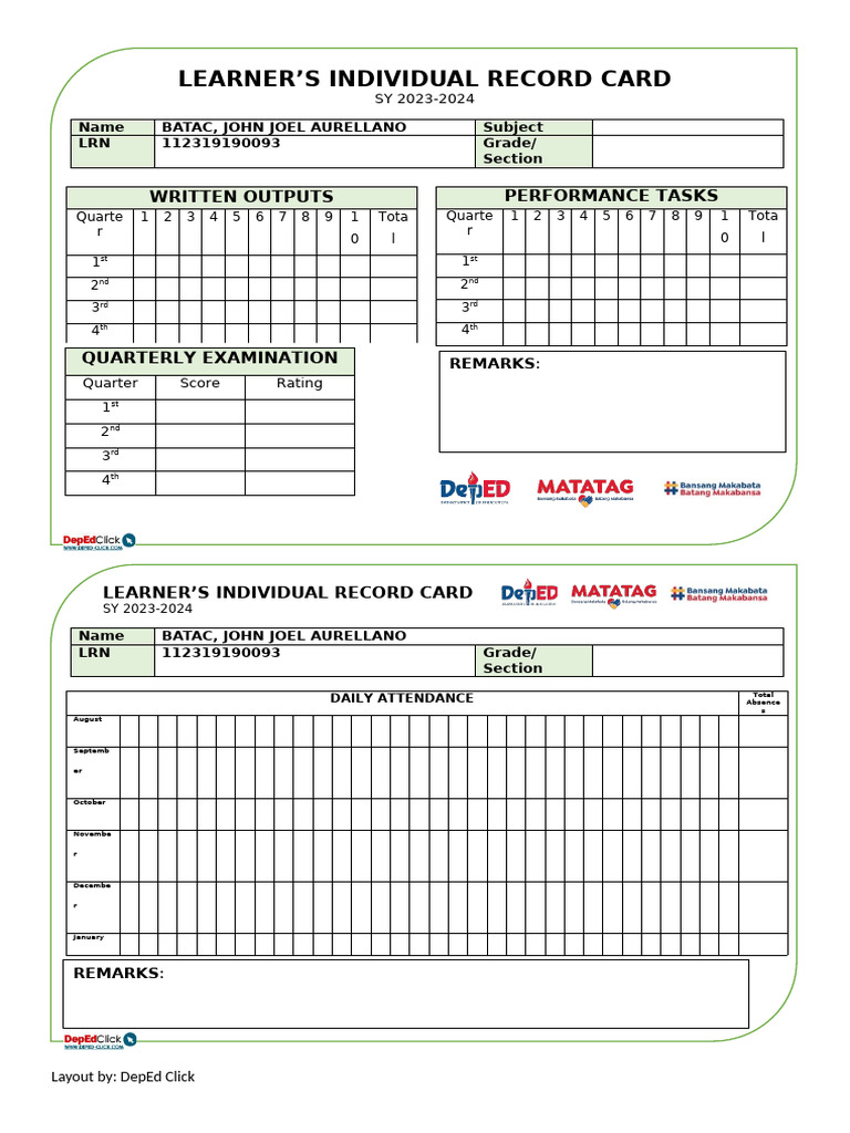 LEARNER'S INDIVIDUAL RECORD CARD | PDF