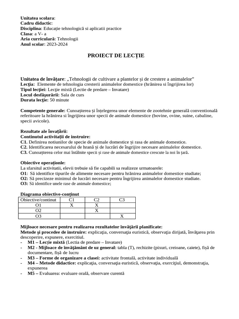 Proiect de Lectie - Lectie Mixta Predare-Invatare - Cresterea - Animalelor | PDF