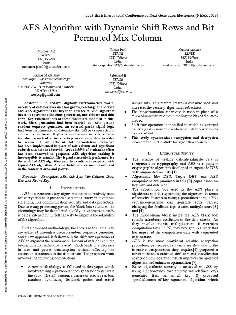 AES Algorithm With Dynamic Shift Rows and Bit Permuted Mix Column | PDF