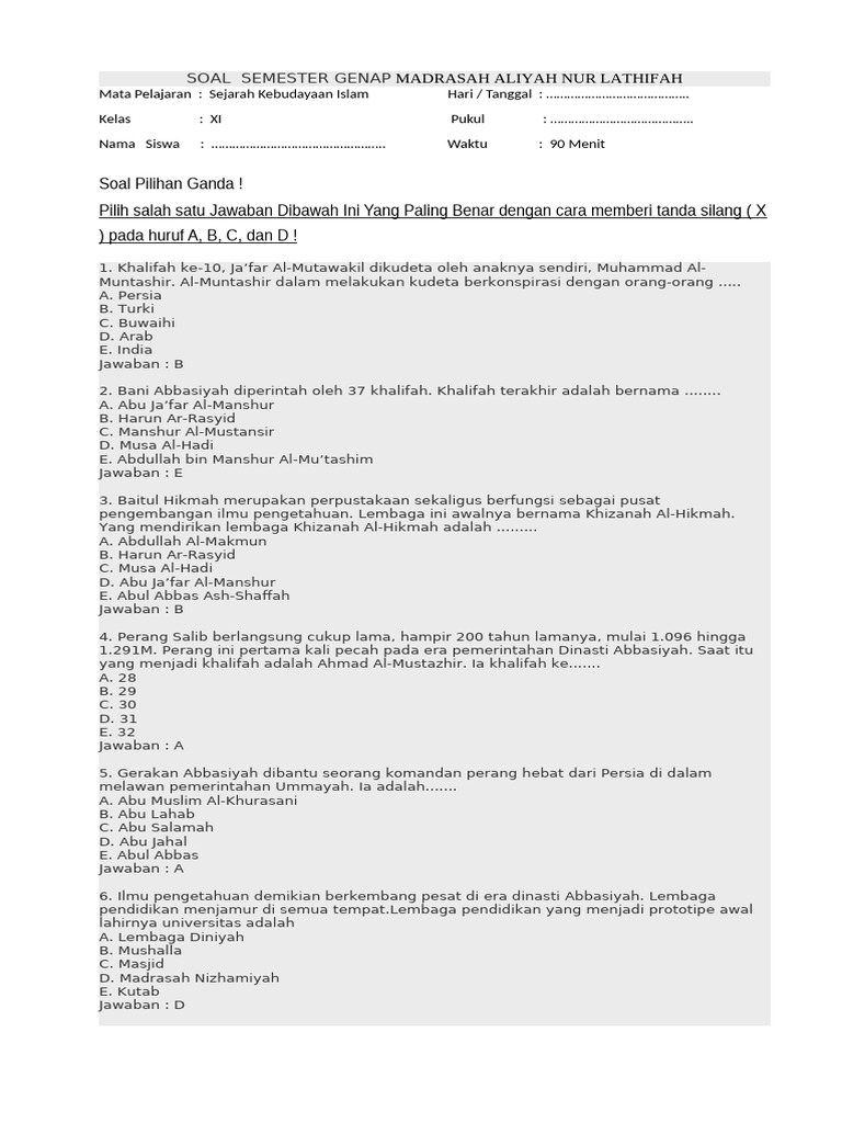 Soal Ski Kelas Xi Semester Genap Tahun Pelajaran 2023 - 2024 | PDF