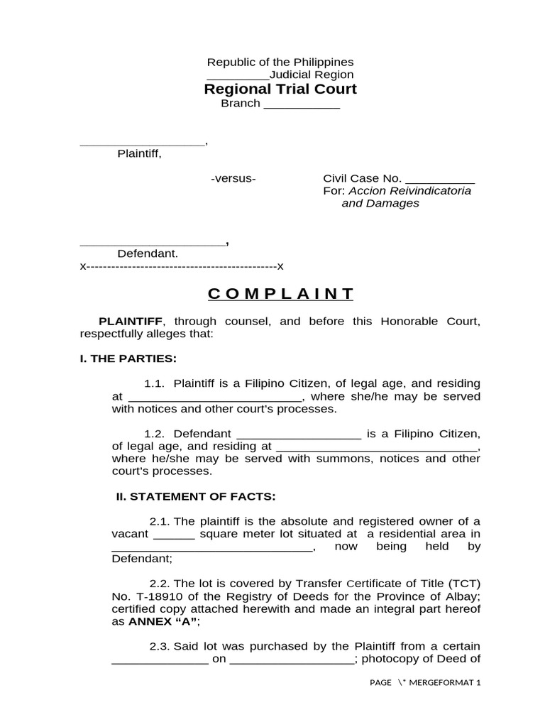 Complaint_Accion Reivindicatoria | PDF