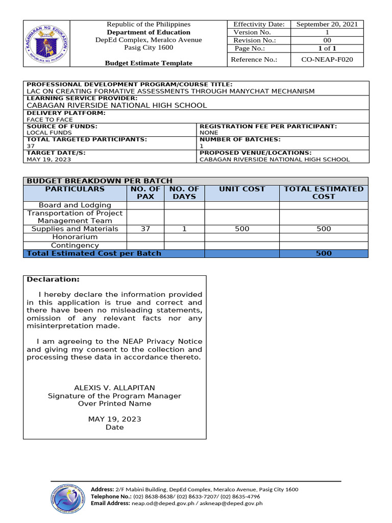 NEAP Budget Estimate | PDF