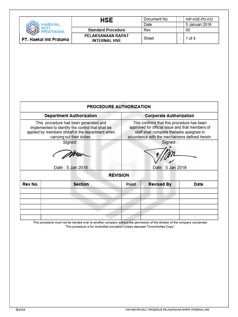 HIP-HSE-PD-032 Prosedur pelaksanaan rapat internal HSE | PDF