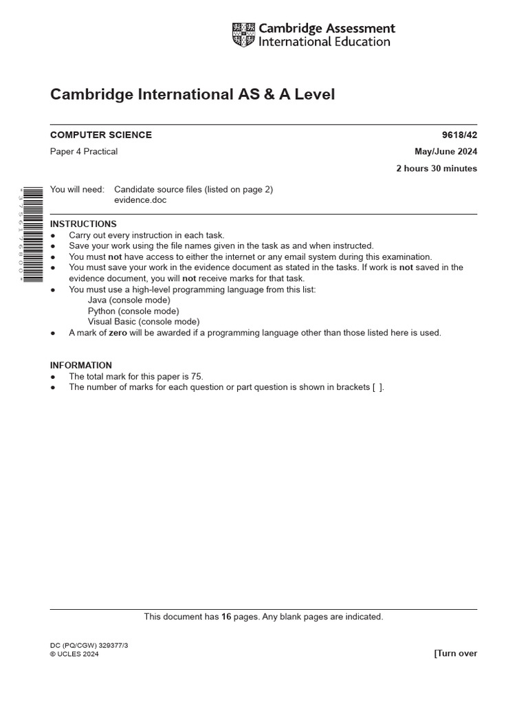 Cambridge International AS & A Level: Computer Science 9618/42 | PDF ...