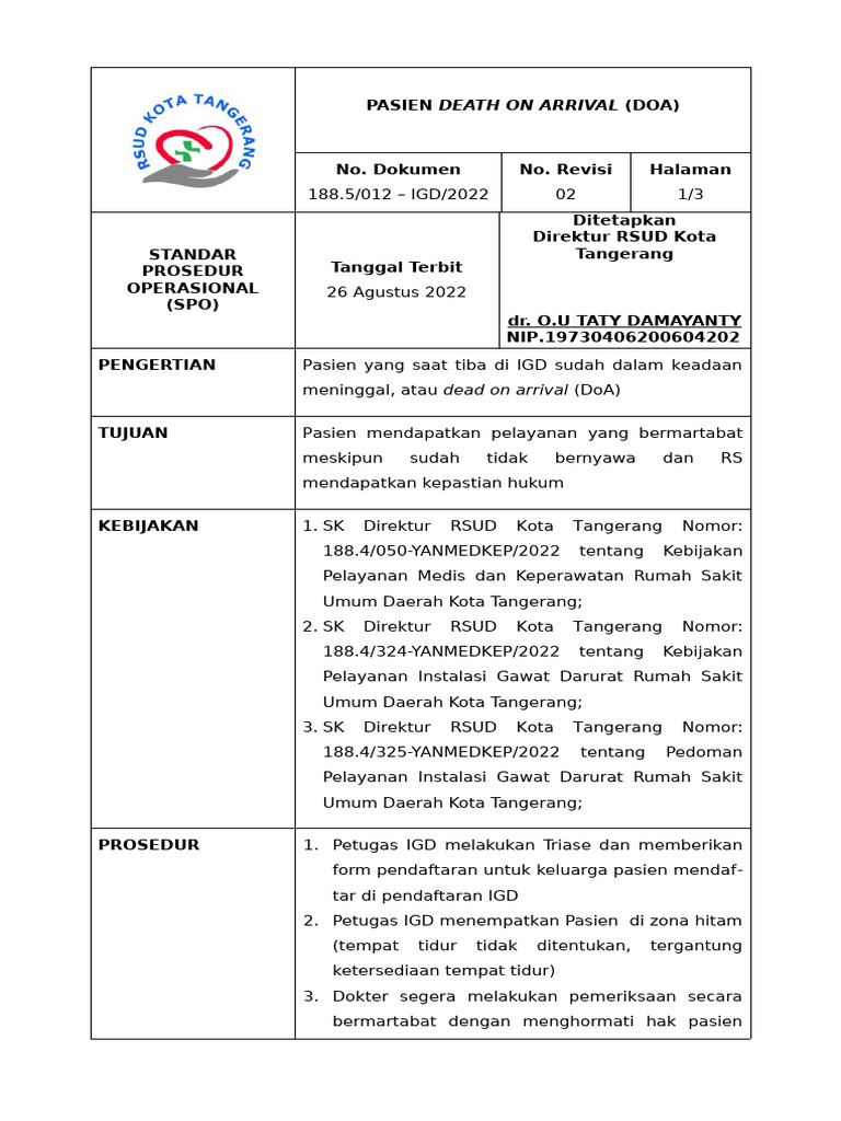 12.SPO Pasien Death On Arrival | PDF