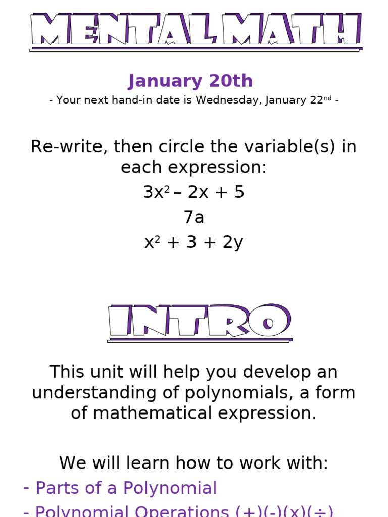 Intro To Polynomials With Evaluating - Algebraic - Expresions | PDF | Polynomial | Teaching ...
