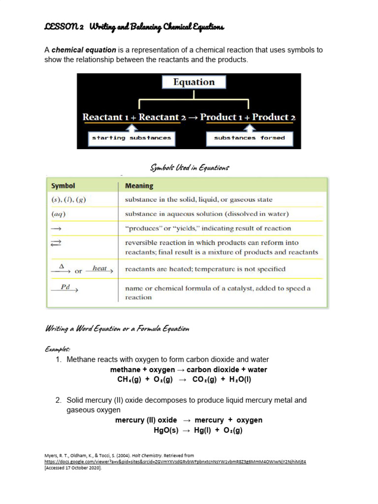 Writing and Balancing Chemical Equations | PDF