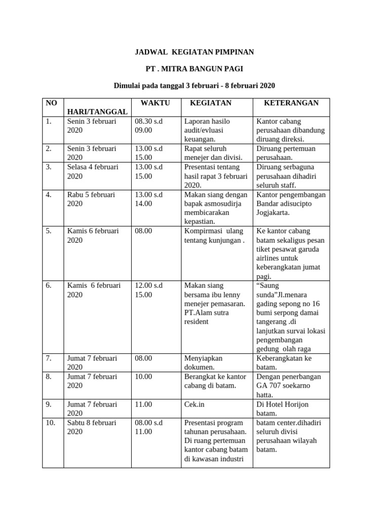 Jadwal Kegiatan Pimpinan | PDF