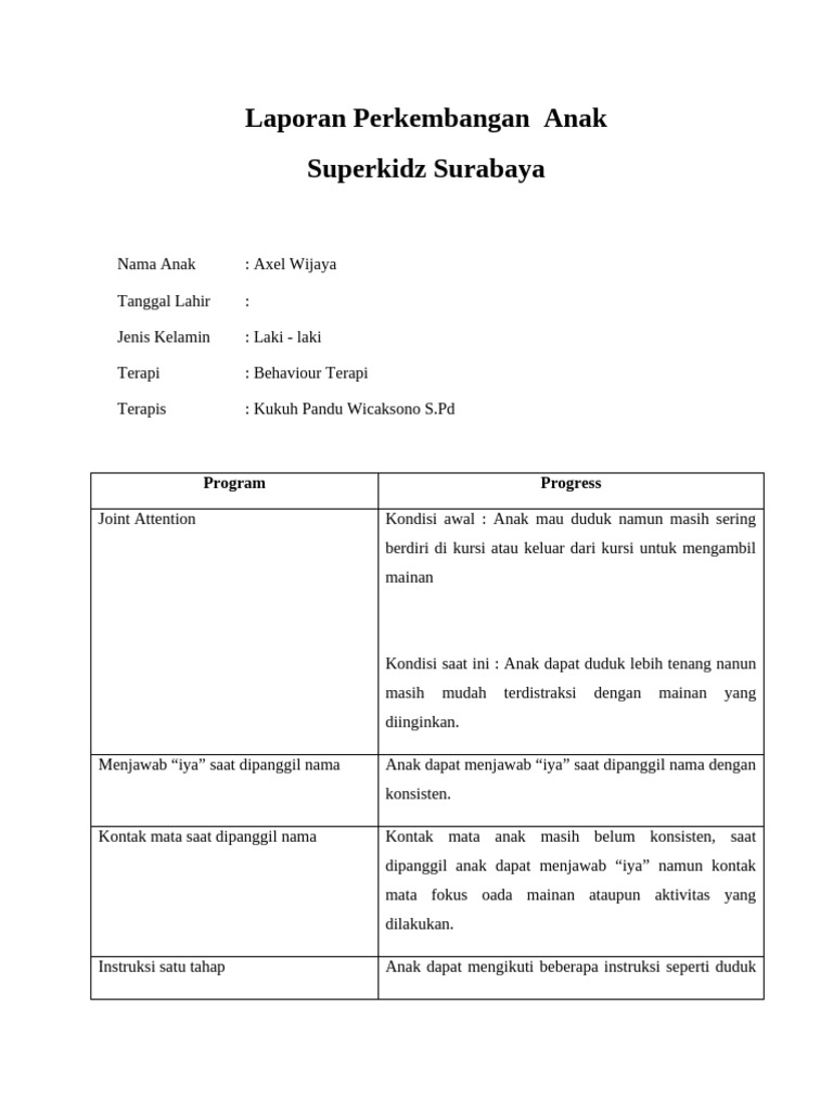 Laporan Perkembangan Anak Rayyan | PDF