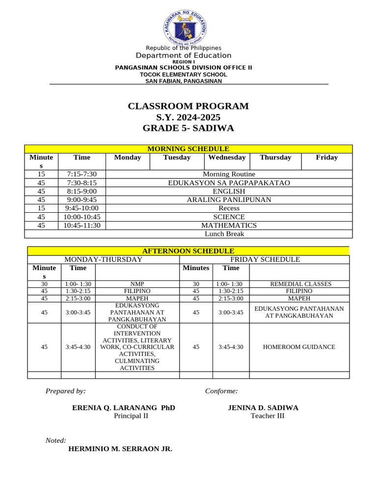 CLASS-PROGRAM-2024-2025 - Grade 5 - Sadiwa | PDF