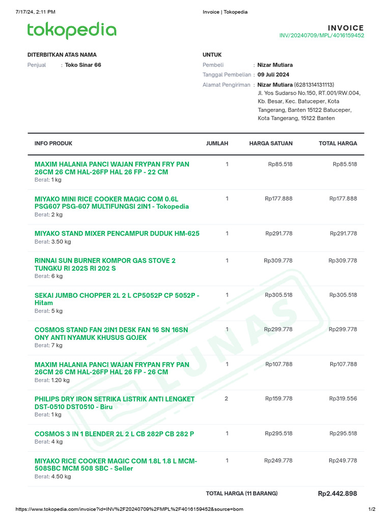 Invoice _ Tokopedia | PDF
