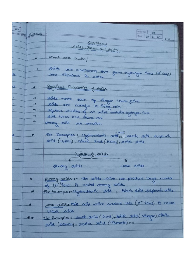 Class 10 CBSE Ch-2 Acids, Bases and Salts Handwritten Notes | PDF