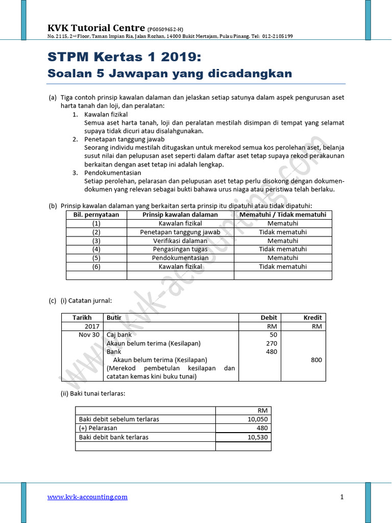 STPM Perakaunan K1 Sebenar 2019 S5 Jawapan | PDF