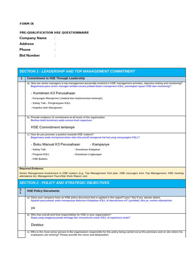 HSE Questionnaire | PDF