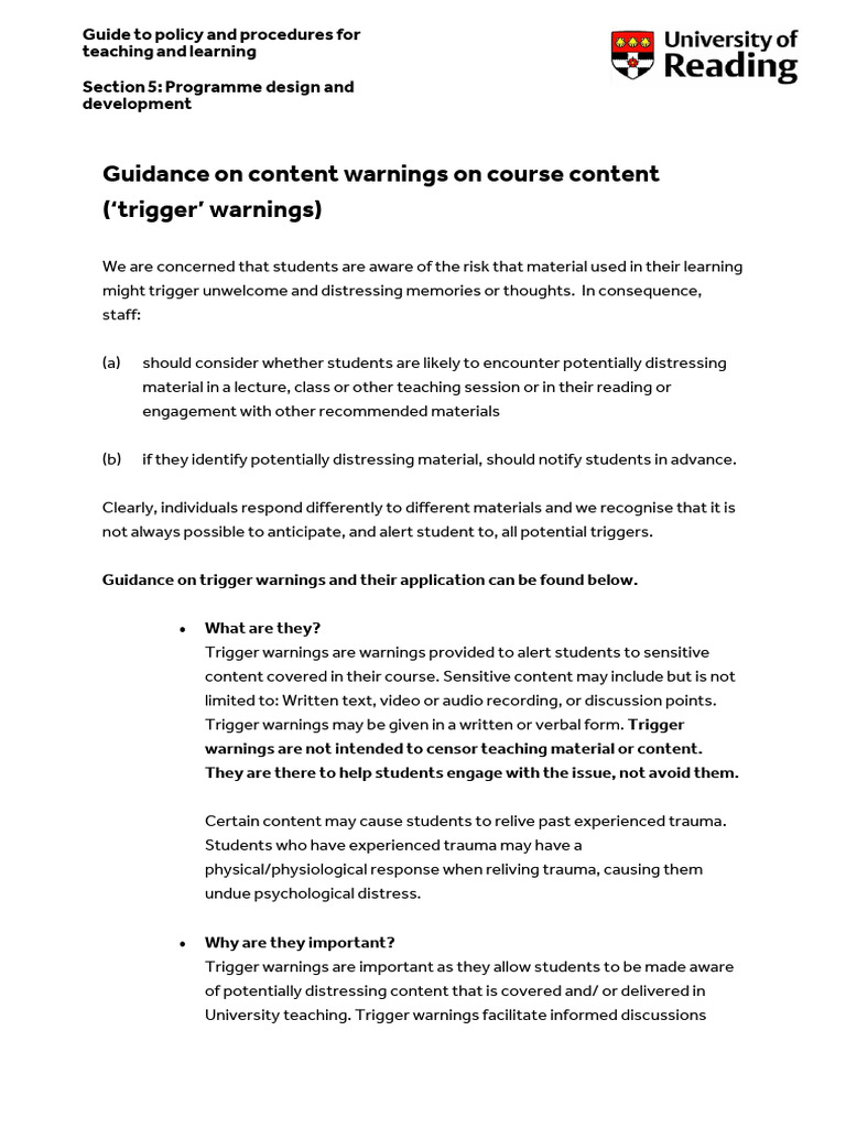 Guidance On Content Warnings On Course Content | PDF | Psychological ...