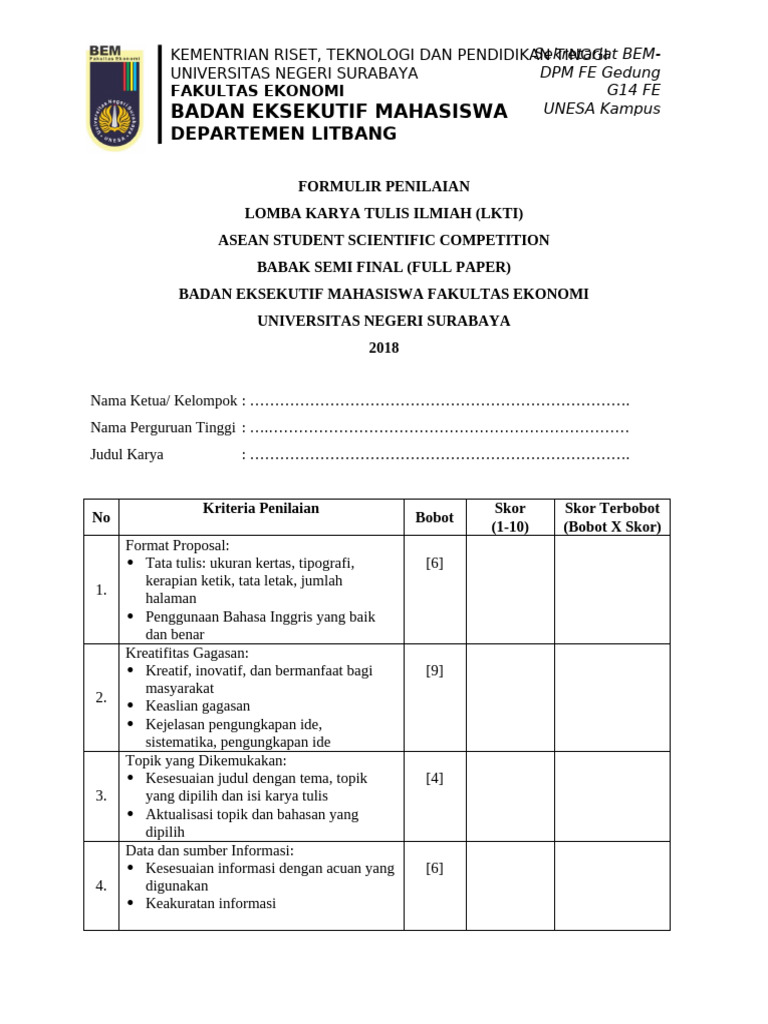 Form Penilaian Lkti Full Paper & Presentasi Assc 2018 | PDF