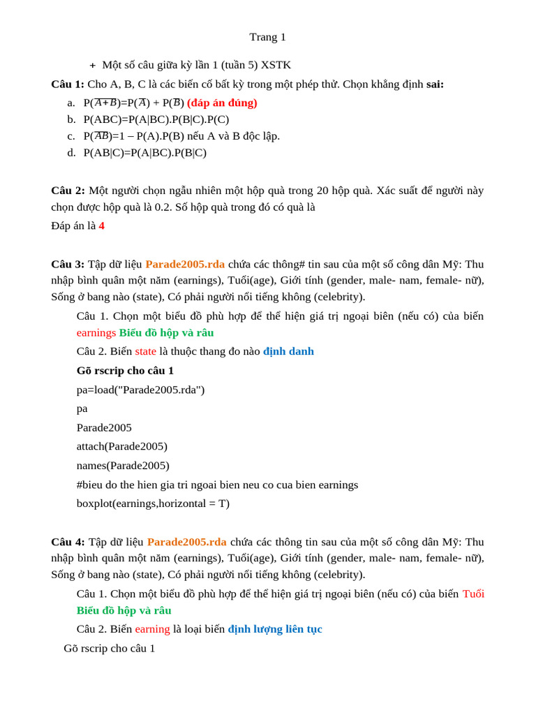 Bài Kiểm Tra 1 Có Cả Đáp Án Và Code R | PDF