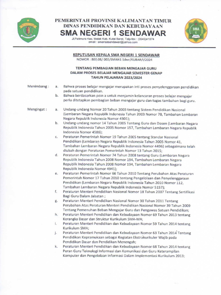 SK PEMBAGIAN TUGAS SEMESTER GENAP TAPEL 2023 2024 Tanggal 02 Januari 2024500 | PDF