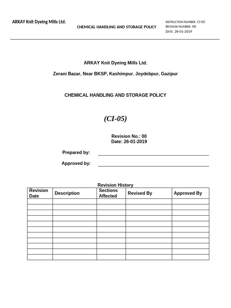 Chemical Handling and Storage Policy | PDF