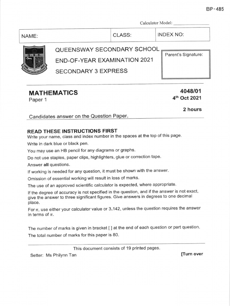 2021 Sec 3 Express E Maths SA2 Queensway Secondary | PDF