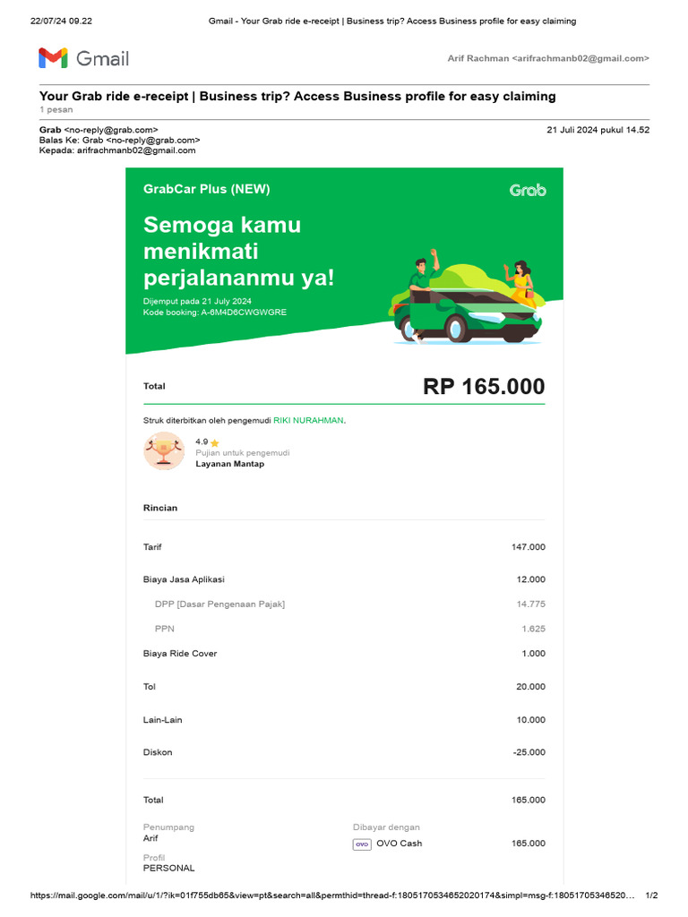 Gmail - Your Grab Ride E-Receipt - Business Trip - Access Business ...