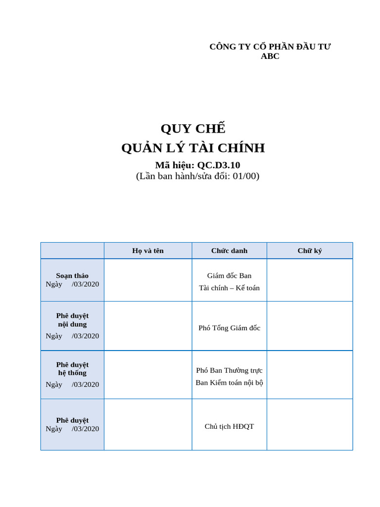 Quy chế quản lý tài chính - Công ty ABC - ATC Academy | PDF