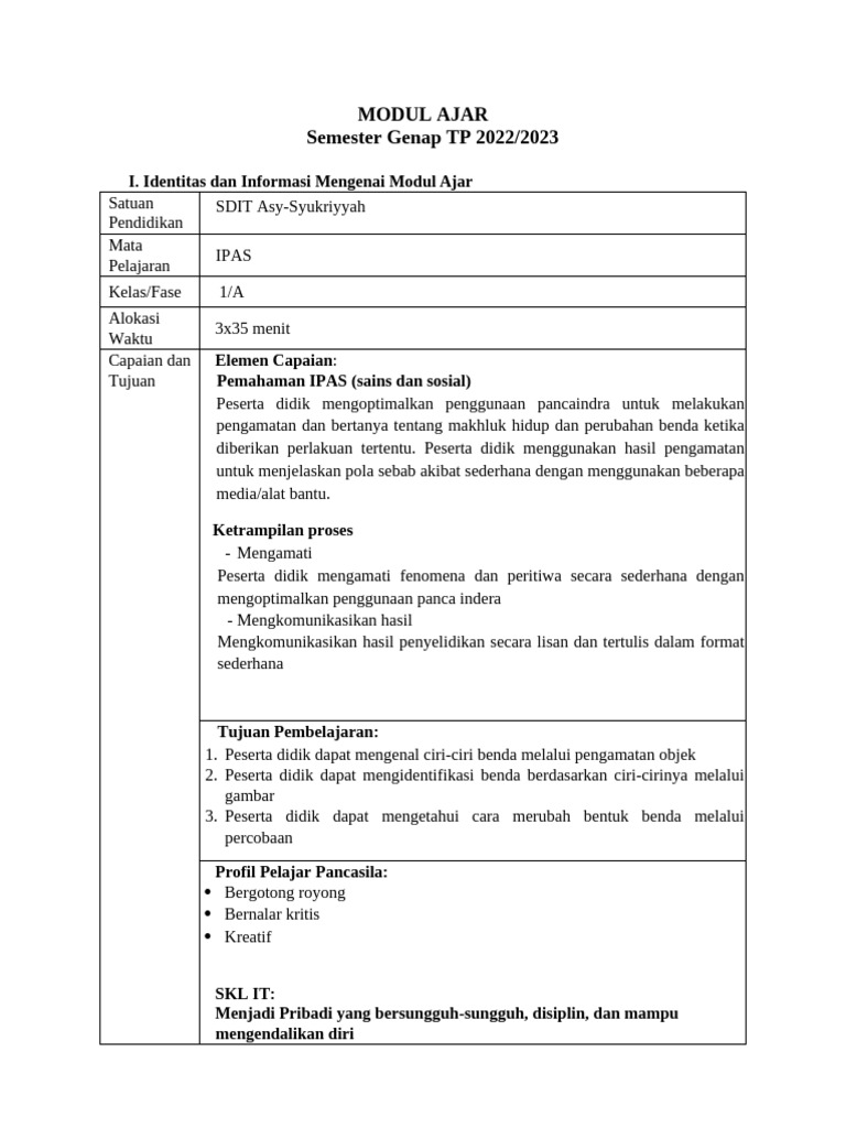 Modul Ajar IPAS Fase A Kelas 1 (SMT Genap) | PDF